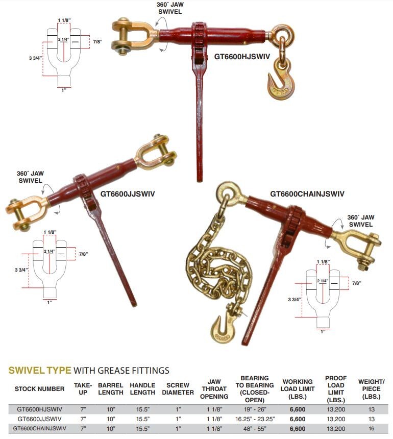 Swivel Jaw Turnbuckle Ratchet Load Binder Tie Down Cargo Control 6,600 ...