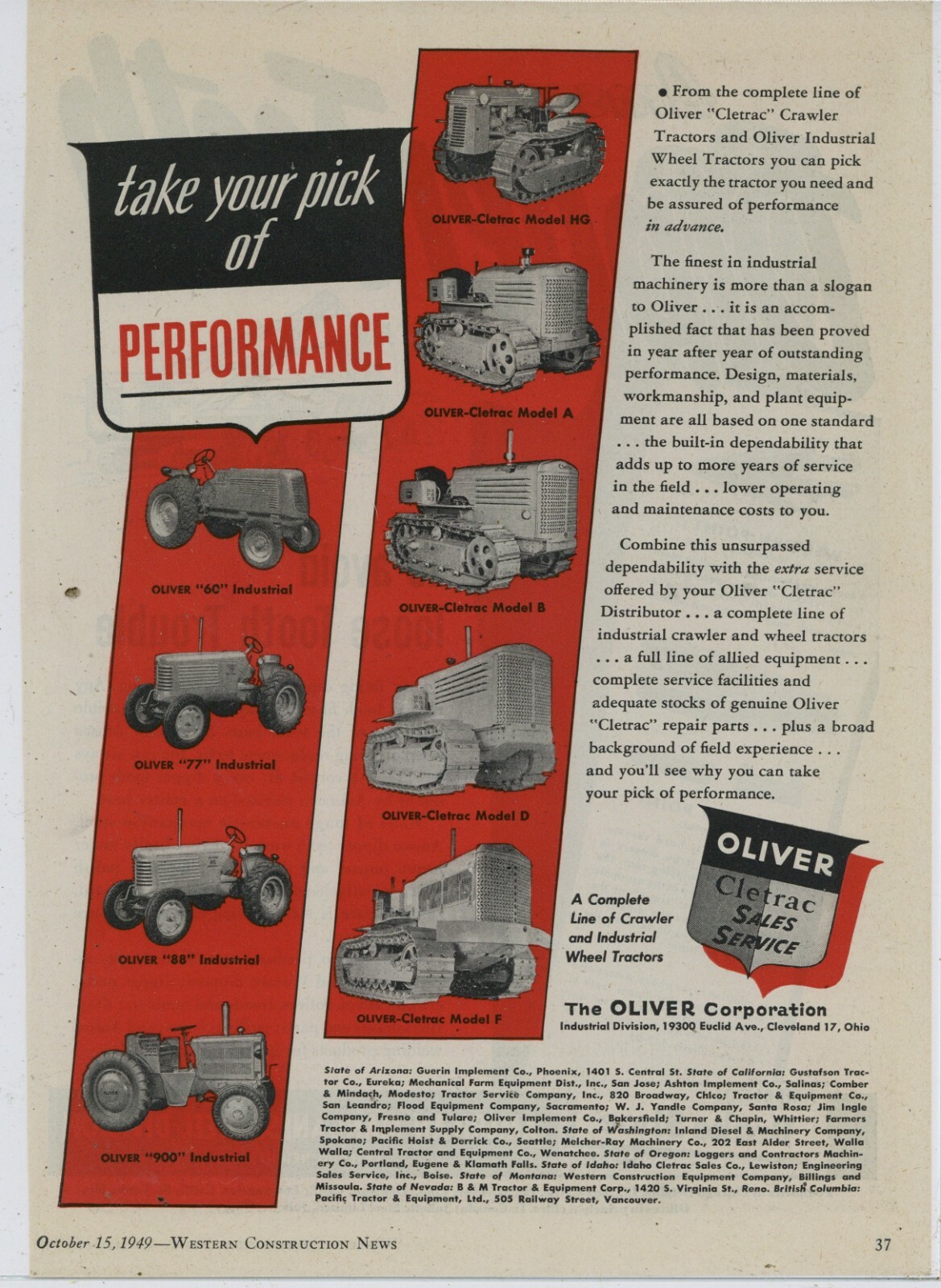 1949 Oliver CLETRAC Industrial Tractors Ad: Take your Pick of ...