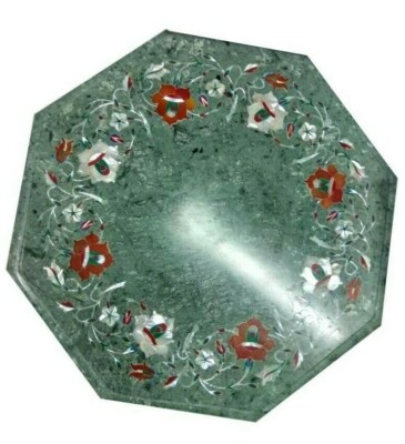 12" Green Marble Table Top Semi Precious Stones Inlay Handicraft Work ...