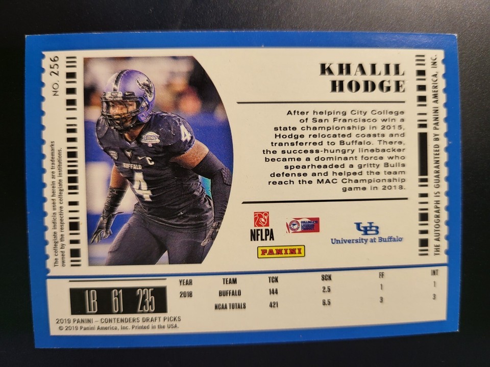 2019 Contenders Draft Khalil Hodge AUTOGRAPH AUTO COLLEGE TICKET BLUE ...