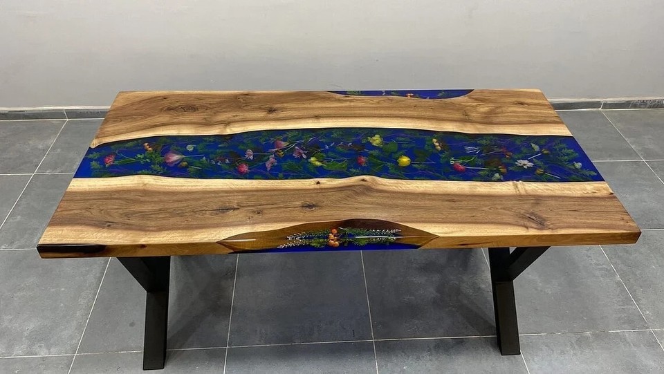Flowers Walnut Blue Epoxy Resin Table/epoxy computer desk/epoxy coffee ...