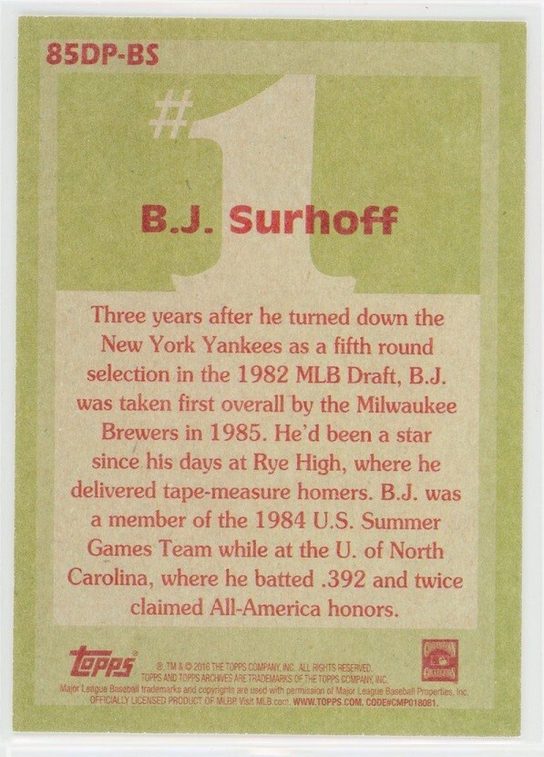 2016 Topps Archives Baseball 1985 Topps #1 Draft Picks B.J. Surhoff ...