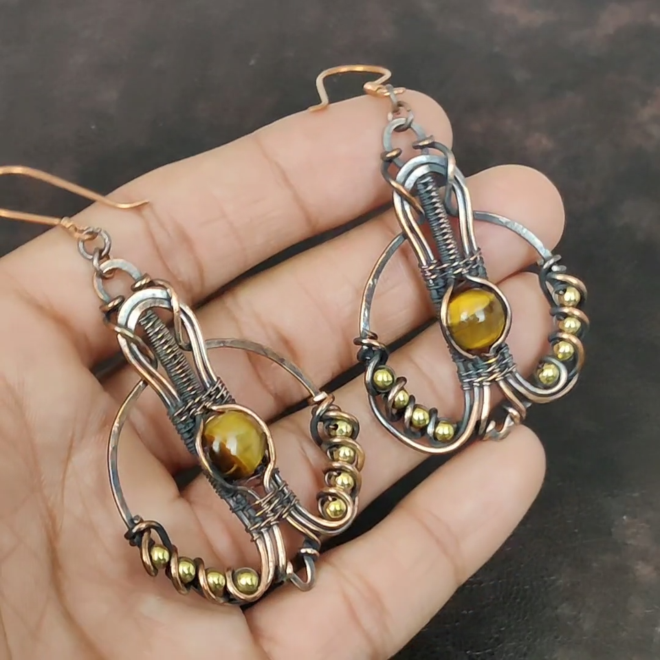Tiger's Eye Stone Wedding Wire Wrapped Unique Dangling Mother Earrings ...