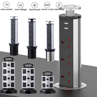 Pull Pop Up Socket Tower Multi Socket UK Plug 2USB Kitchen Office Desk ...