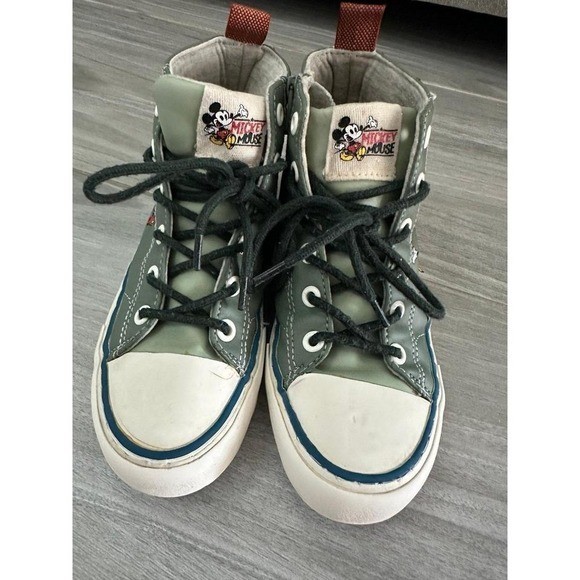 Kids Zara High Top Sneakers Green Mickey Mouse Cartoon Print Zip sz 31 ...