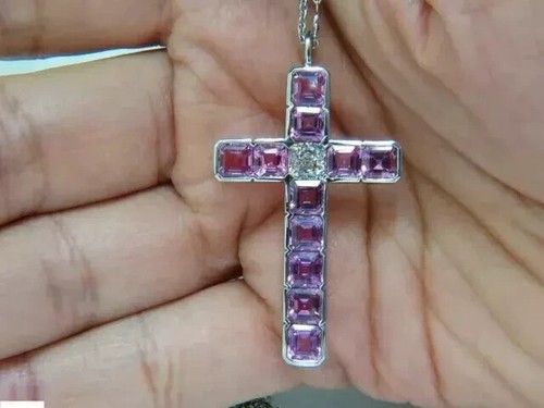 4Ct Asscher Lab Created Pink Sapphire Women Cross Pendant 14K White ...