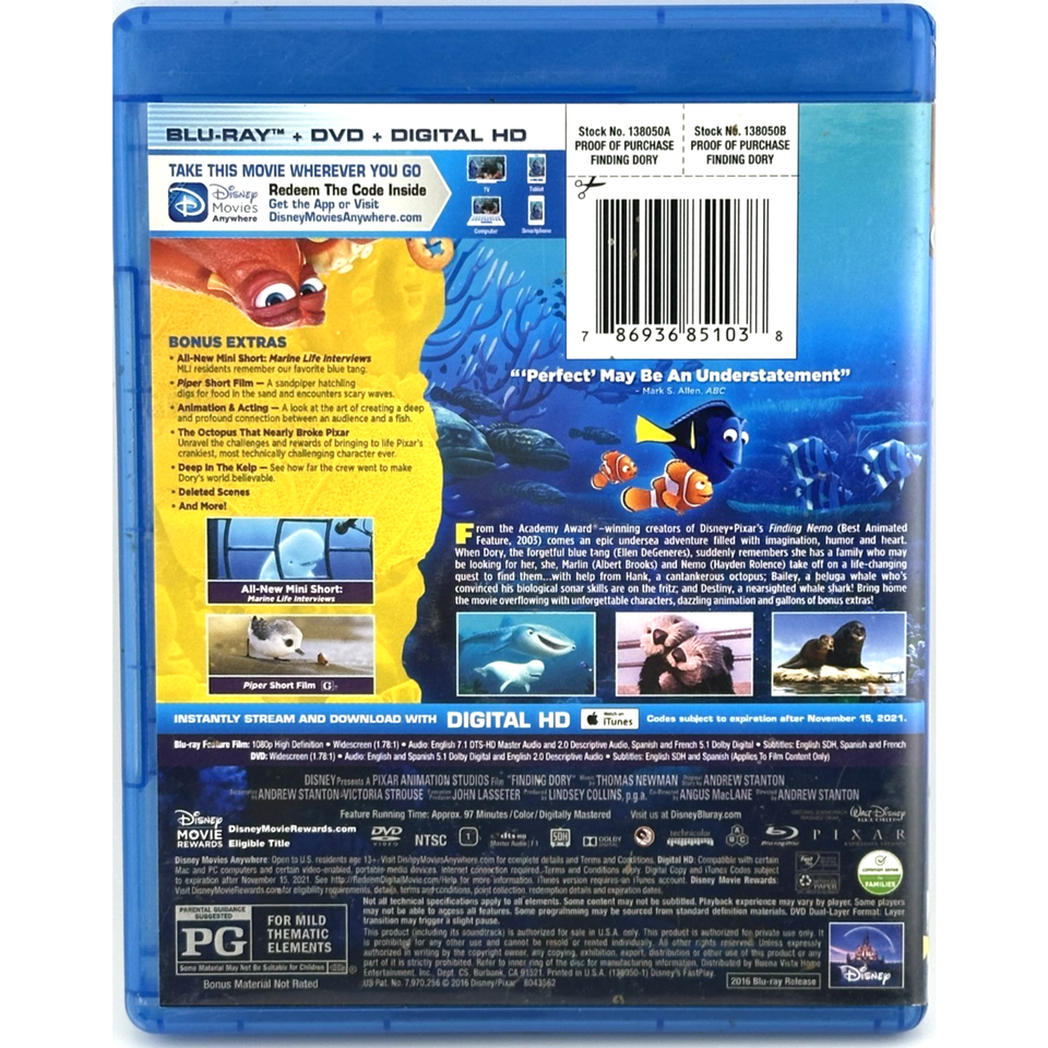 FINDING DORY (2016) BLU-RAY / DVD DeGeneras Brooks O'Neill 786936851038 ...