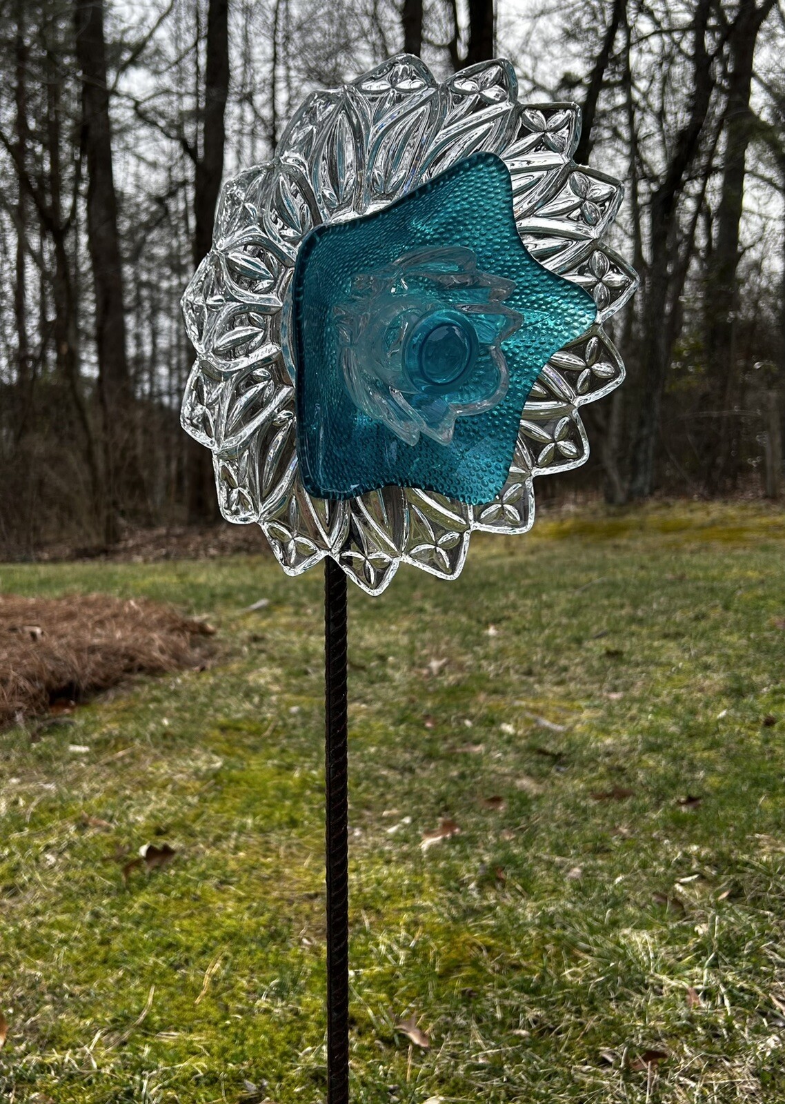 Clear Petal & Turquoise Glass Garden Flower Repurposed Suncatcher Yard ...