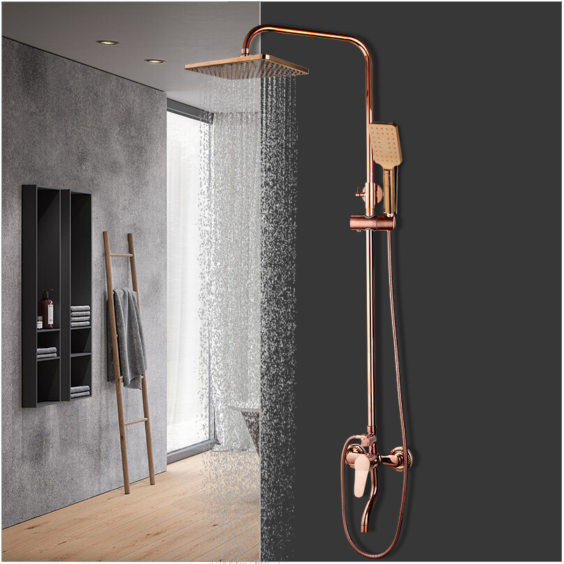 Rose Gold Shower Faucet Set Rainfall Rectangle Head Wall Mounted Brass ...