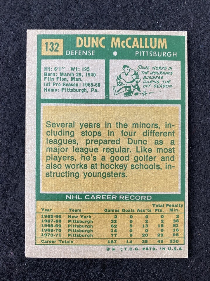 1971/72 TOPPS # 132 DUNC McCALLUM DD 7081 | eBay