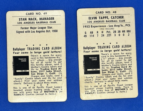 1953 Mother's Cookies Baseball Cards, Lot of Six, including Stan Hack ...