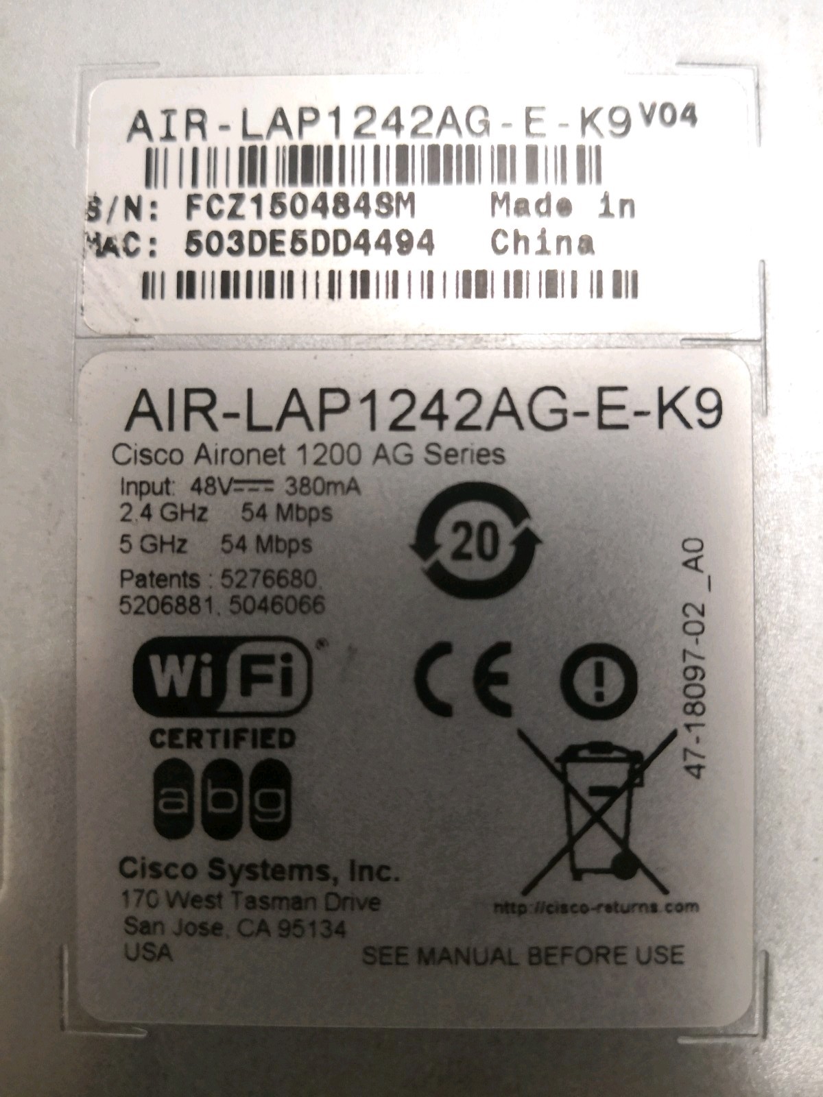 Cisco Aironet AIR-LAP1242AG-E-K9 802.11A/B/G Wireless Access Point ...