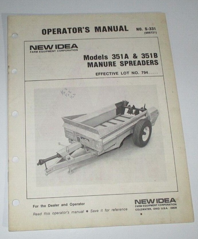 New Idea 351A 351B Manure Spreader Operators Manual 9/84 ORIGINAL! Avco ...