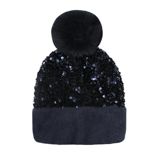 Women Girls Winter Sequin Beanie Hat with Faux Fur Pom Pom One Size Deep-blue | eBay