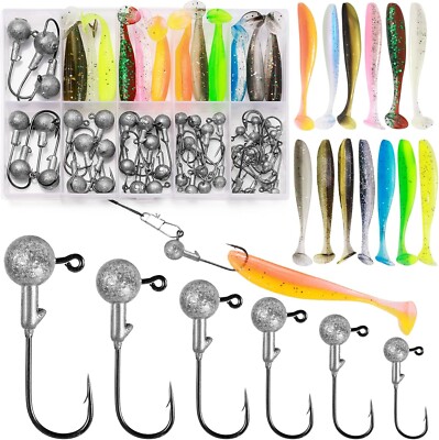 58pc Lure Drop Shot Set Jig Lead Head Hook Soft Worm Shad Paddle Tail ...