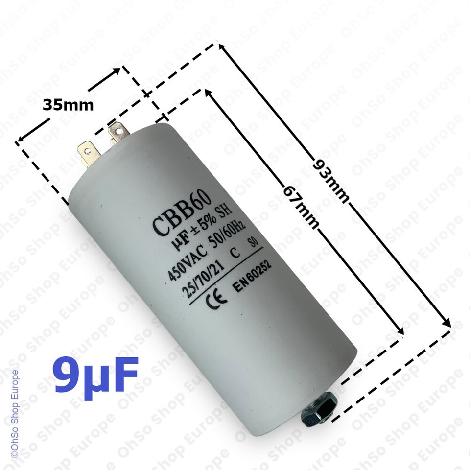 9uf MTD Capacitor CBB60 Cap for Induction Motors/Engines Start/Run, 6mm ...