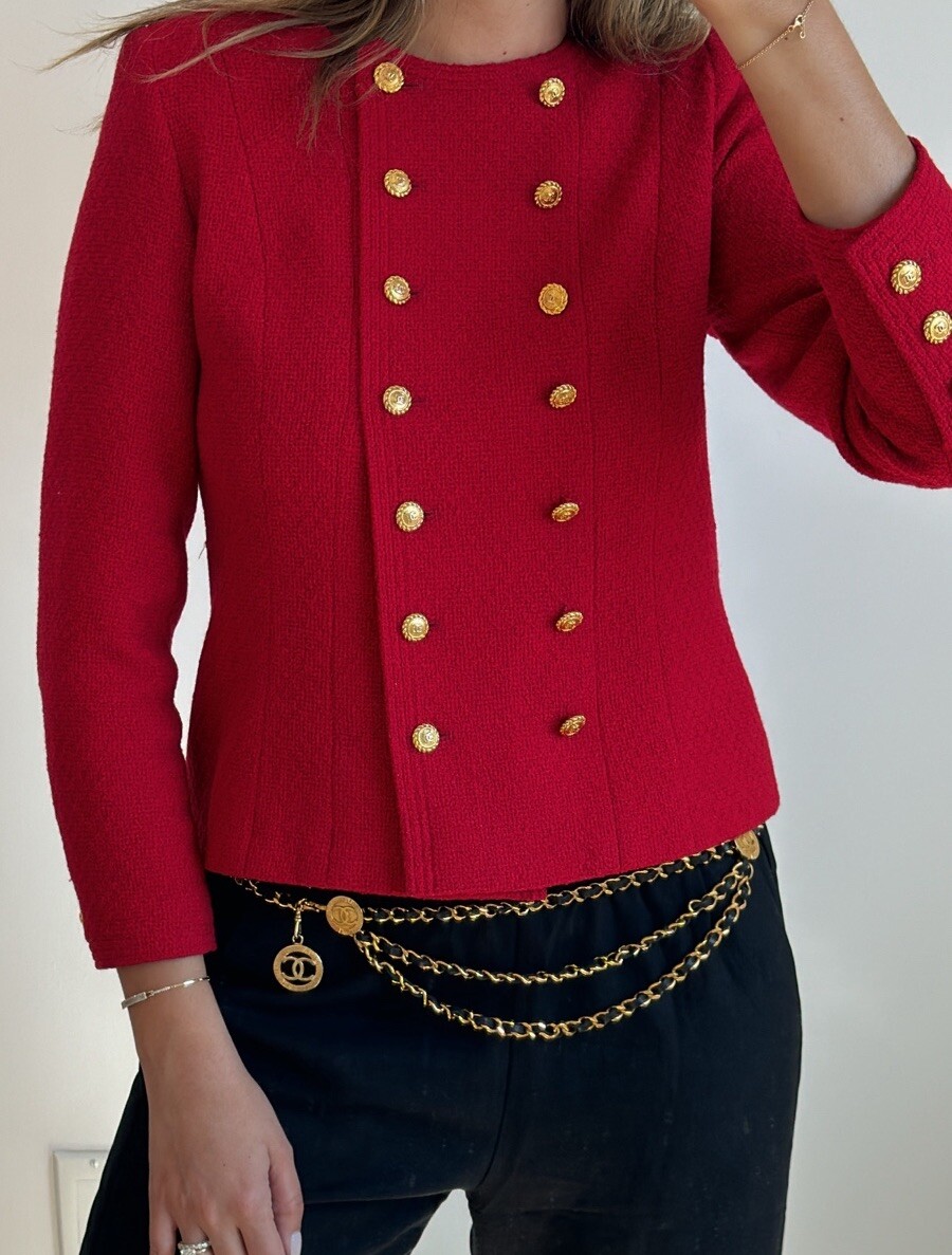 Vintage Chanel Red Tweed Jacket with Gold CC Buttons | eBay Vintage Chanel Red Tweed Jacket with Gold CC Buttons | eBay