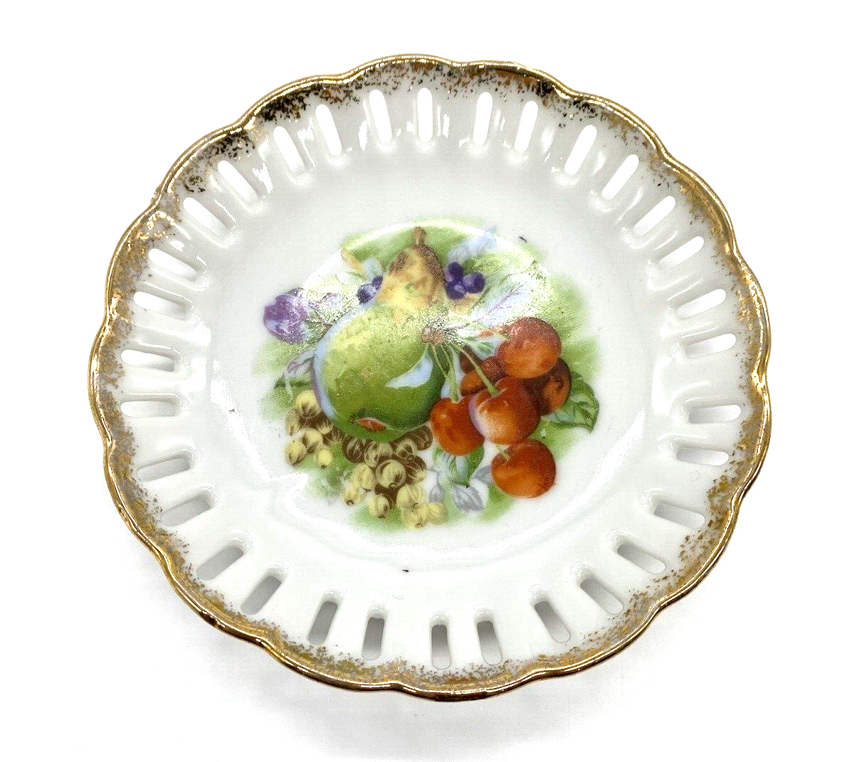 Small Vintage China Hanging Cut Out Plate Fruit and Gold Trim, Made In ...