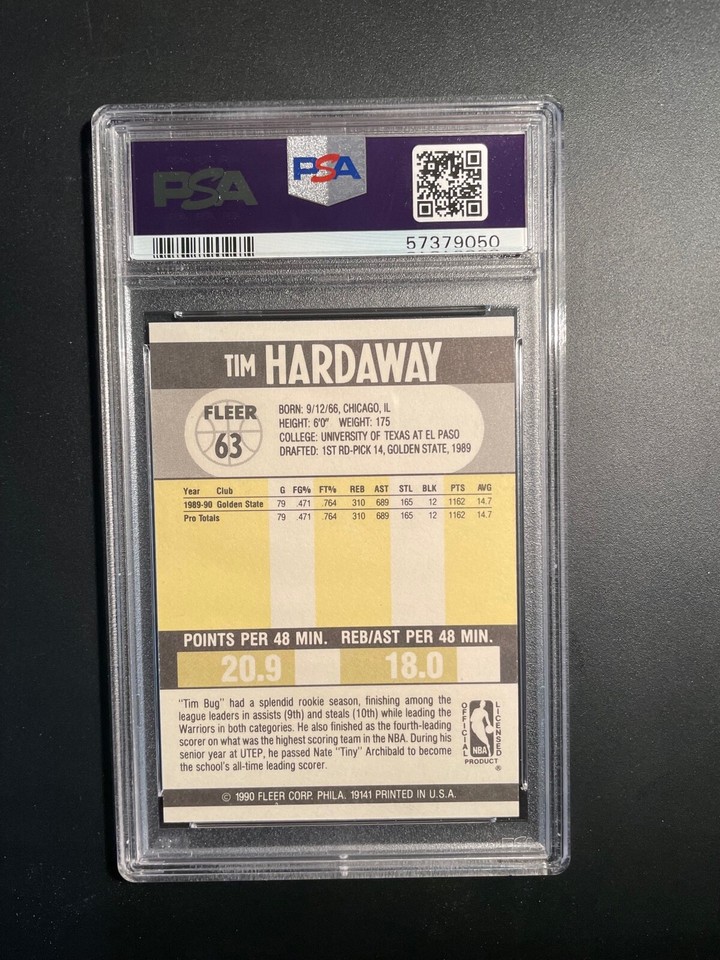1990 FLEER TIM HARDAWAY ROOKIE CARD #63 - GRADED PSA 9 - FUTURE HOF ...