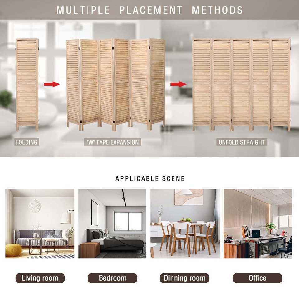 6/8 Panel Wood Room Divider 5.6FT Tall Folding Privacy Screen Louvered ...