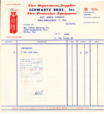 1951 BILL HEAD RECEIPT - SCHWARTZ BROS FIRE PROTECTION TO: WILLIAM ...