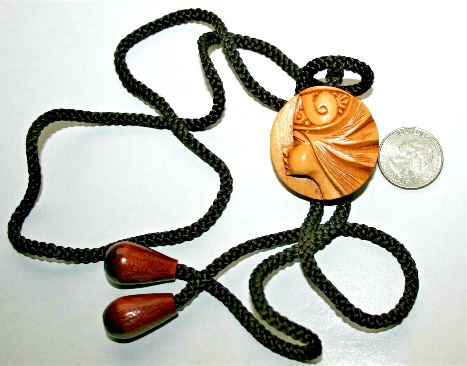 Vintage Signed Akiko Hand Carved Wood Bolo Tie Japan - Gem