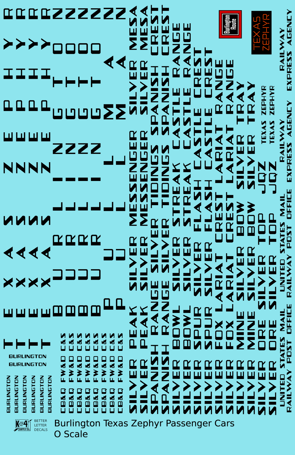 K4 O Scale Decals Burlington Texas Zephyr Streamlined Passenger Car ...