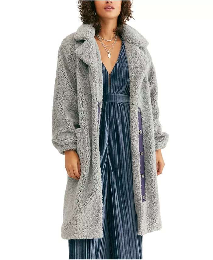 FREE PEOPLE Baby Blue Tessa Faux Fur Teddy Duster Long Cardigan Coat ...