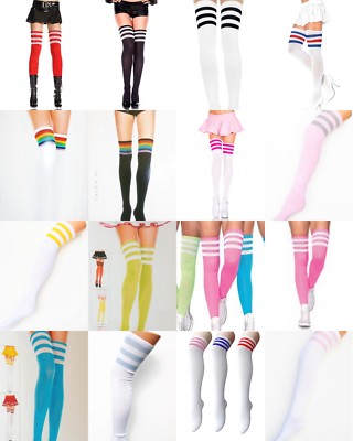 SPORTS ATHLETIC CHEERLEADER THIGH & KNEE HIGH SOCKS 3 STRIPES TUBE OVER ...