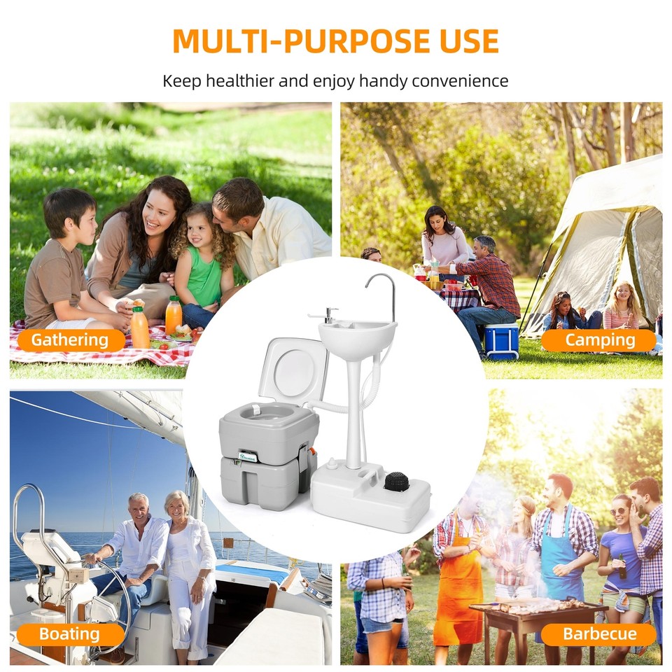5.3GAL Portable RV Toilet + 17L Camping Sink Hand Wash Basin Station ...