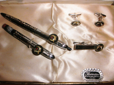 Shriners Florentine Sterling Silver inlay pen pencil cufflinks tie set ...