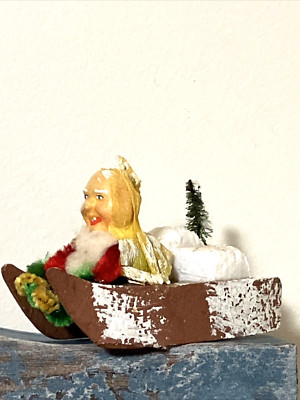 VTG X-MAS Rare Putz Santa Sleigh Gnome Paper Mache Chenille SpunCotton ...