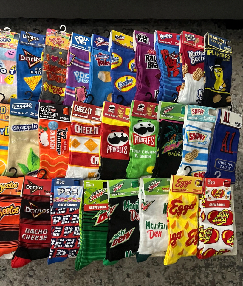 Novelty socks. Candy, soda, food, chips. Graphic Crew socks | eBay