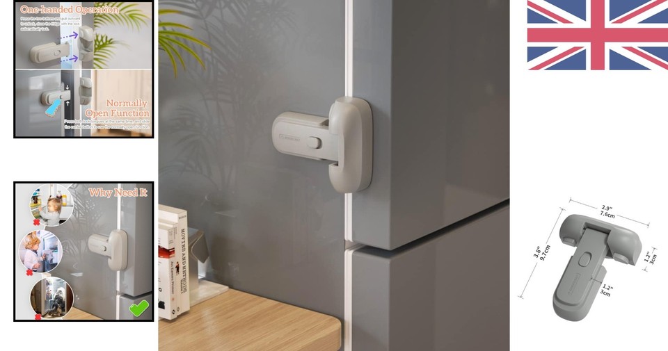 Grey No-Drill Refrigerator Lock for Kids - One-Hand Operation, 120 ...