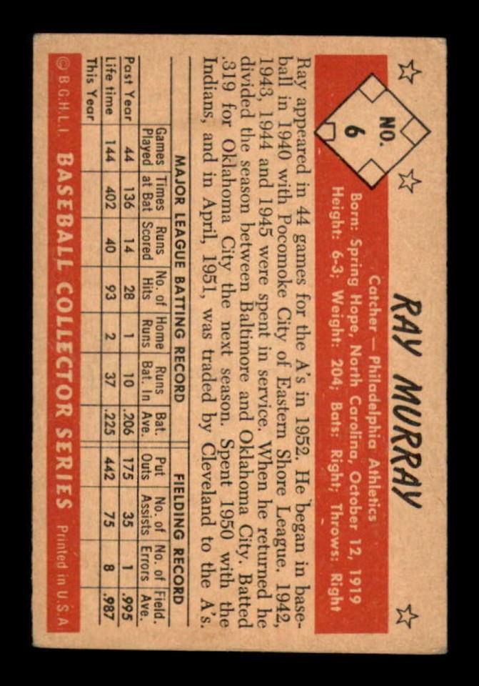 1953 Bowman Black and White #6 Ray Murray VG/VGEX Athletics 542731 | eBay