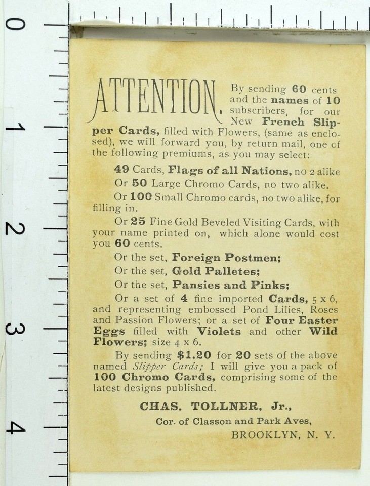 1870's-80's Lovely French Slipper Card, Chas. Tollner, Jr, Brooklyn ...