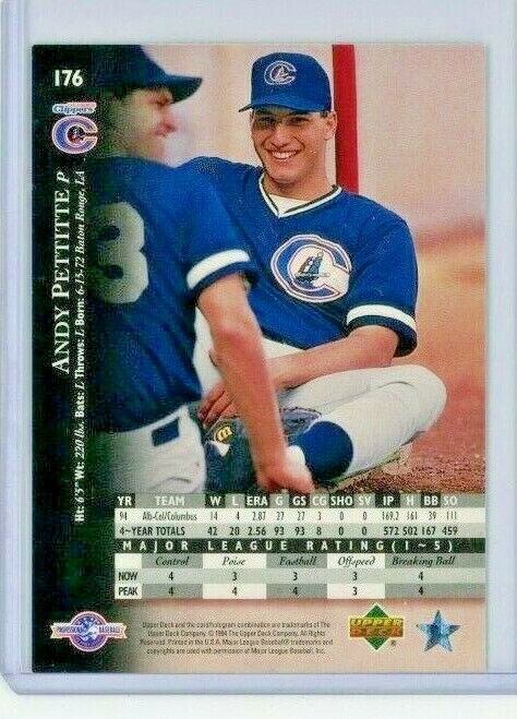 1995 Upper Deck Minors #176 Andy Pettitte Rookie RC - Columbus New York ...