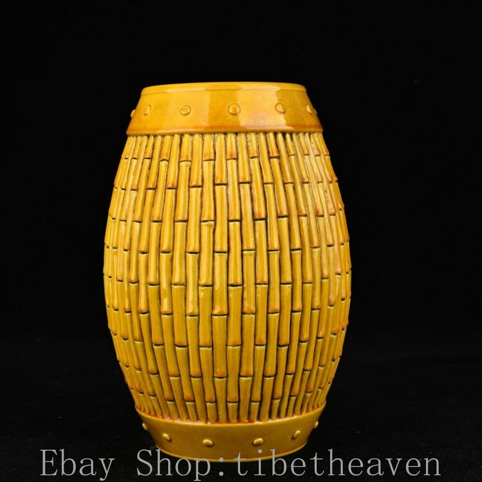 8" Qianlong Old China Yellow Glaze Porcelain Palace Bamboo Bottle Vase ...