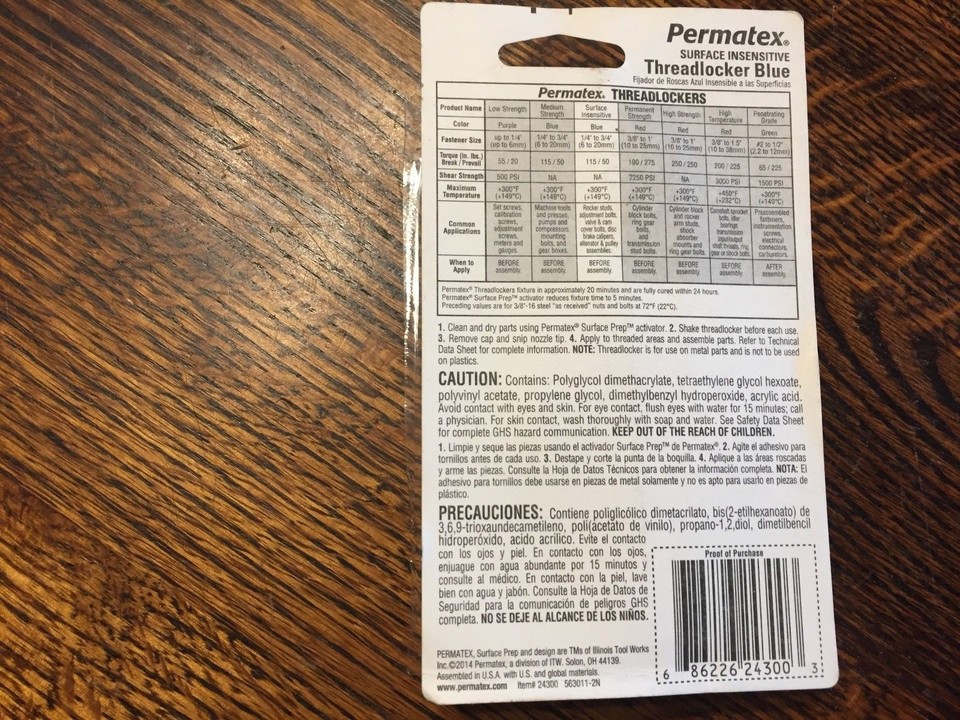 Permatex 24300 Blue Medium/High Strength Threadlocker 10ml Bottle Re ...