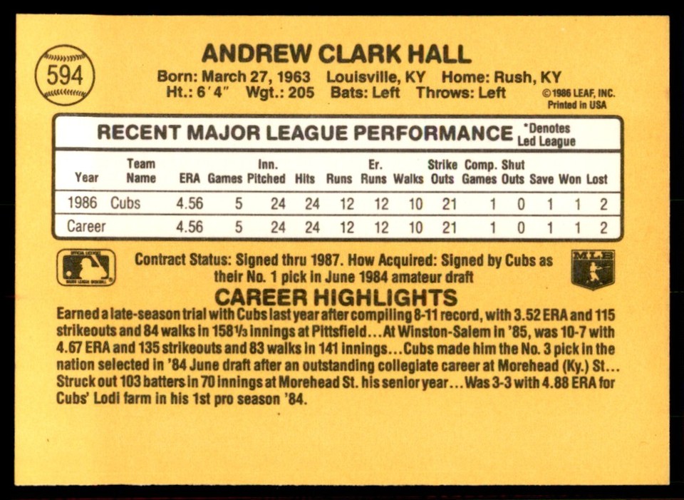 1987 Donruss Drew Hall Rookie Chicago Cubs #594 | eBay
