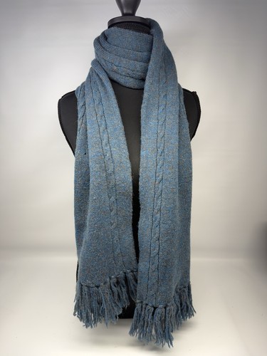 Halston III Vintage Knit 100%Wool Scarf Blue Cable Fringe Quiet Luxury ...
