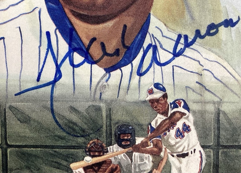 Hank Aaron Signed Perez Steele Celebration Postcard Braves DAMAGE Auto ...
