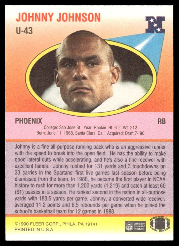 1990 FLEER UPDATE JOHNNY JOHNSON C RC PHOENIX CARDINALS #U-43 | eBay