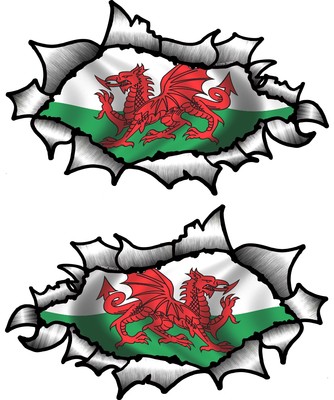 Small Pair Oval Ripped Torn Metal With Welsh Wales CYMRU Flag vinyl car ...