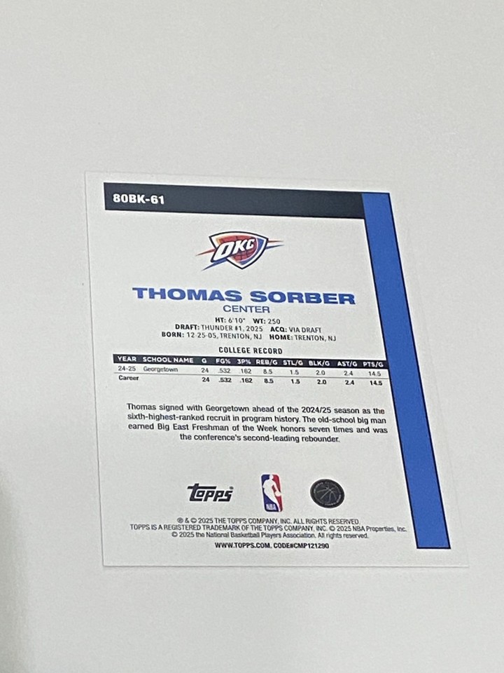 2025-26 Topps Basketball Thomas Sorber 45th Anniversary Foil RC Rookie ...