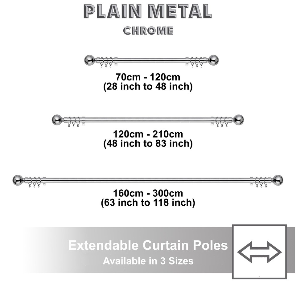 CHROME Extendable Metal Curtain Pole Poles 28mm Includes Finals Rings ...