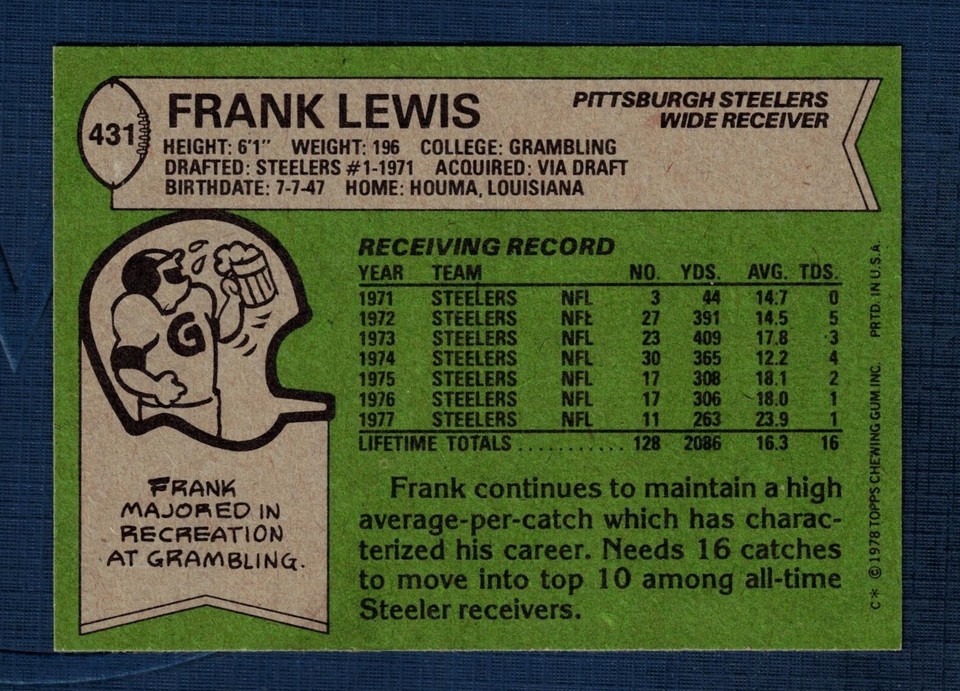 1978 Topps Frank Lewis #431 Pittsburgh Steelers NM/MT- | eBay