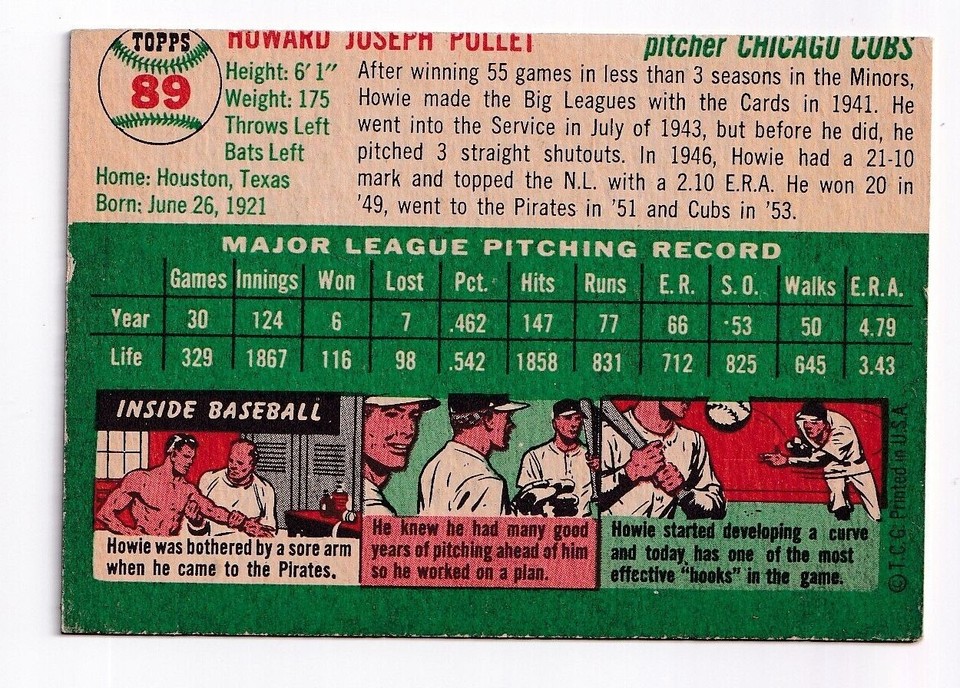 Howie Pollet 1954 Topps ML Baseball Card # 89 Cubs | eBay