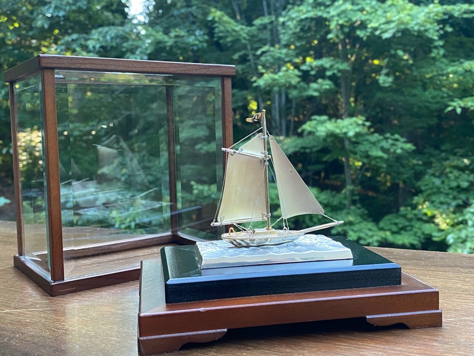 Gorham Japanese Miniature Silver Sailboat Beveled Glass Wood Display ...