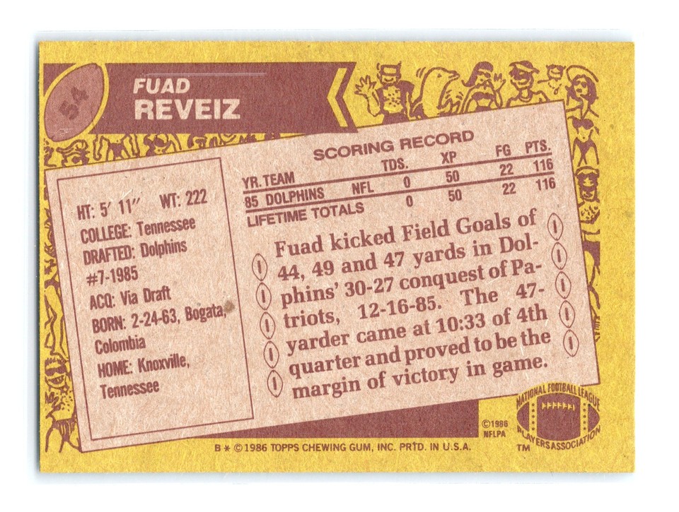 1986 Topps Football #54 Fuad Reveiz RC Rookie Miami Dolphins | eBay